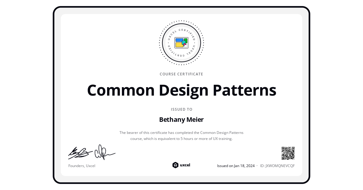 Certificate of completion for Common Design Patterns | Uxcel